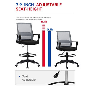 Office Chair Desk Chair Computer Chair Adjustable Height with Lumbar Support Arms Footrest Mid Back Swivel Rolling Mesh Drafting Chair for Adults Drafting Stool(Grey)