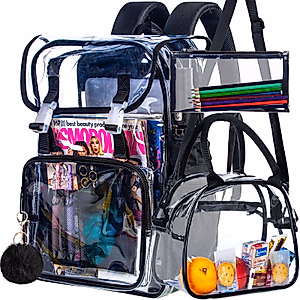 FTJCF Clear Backpack, Stadium Approved Transparent Bookbag, Heavy Duty PVC See Through Backpack - Black