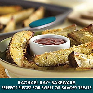 Rachael Ray Nonstick Bakeware Set with Grips includes Nonstick Baking Pans, Baking Sheet and Nonstick Bread Pan - 5 Piece, Gray with Marine Blue Handles