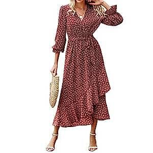 BTFBM Women Long Sleeve Wrap Maxi Dress V Neck Boho Floral High Waist Flowy Ruffle 2023 Summer Fall Dresses with Belt(Floral Wine Red White, XX-Large)