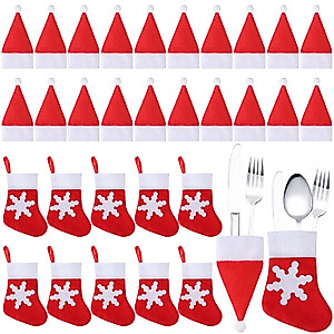 60 Pcs Christmas Santa Hats Silverware Holders Socks Snowflake Tableware Holders Christmas Table Decorations Flatware Organizers for Xmas Table Dinnerware Party Supplies