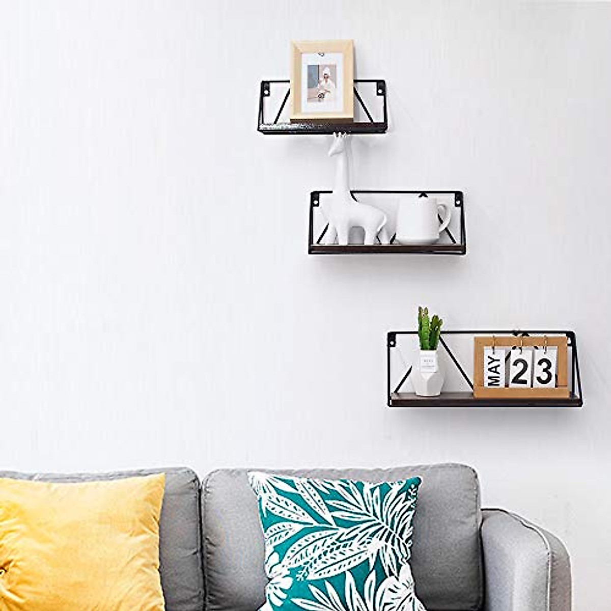 Coral Flower Floating Wall Shelves Set of 3 Rustic Space-Saving Decorative Wood Hanging Shelves Wall-Mounted Shelves Corner Shelves for Bathroom Kitchen Living Room Bedroom, rustic brown