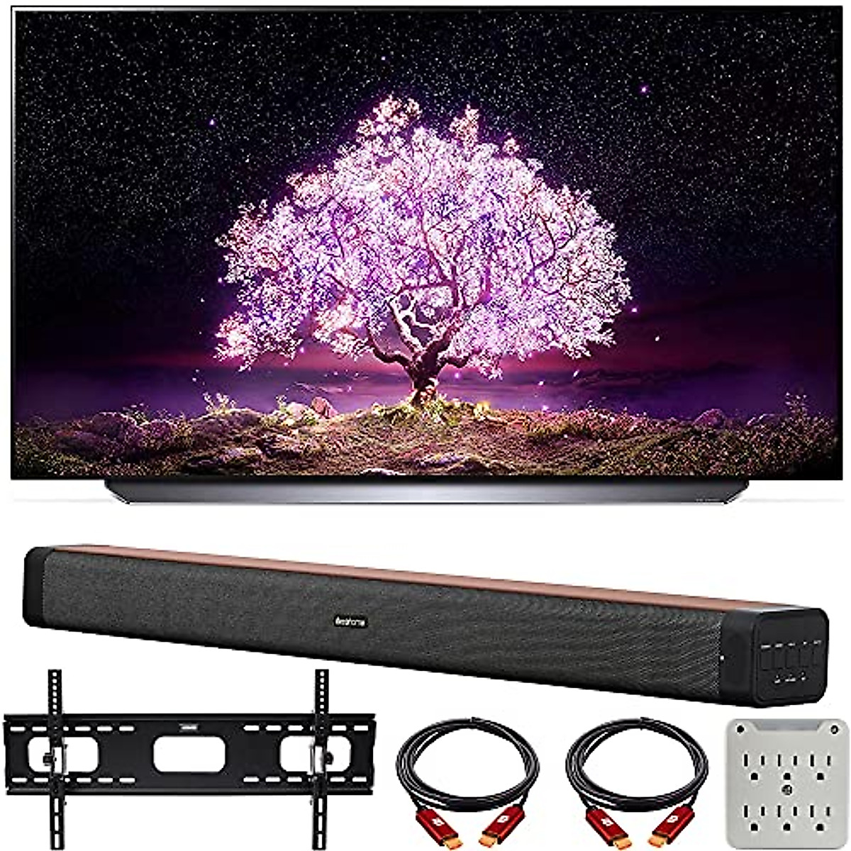 LG OLED55C1PUB 55 Inch 4K Smart OLED TV with AI ThinQ Bundle with Deco Home 60W 2.0 Channel Soundbar, 37-70 inch TV Wall Mount Bracket Bundle and 6-Outlet Surge Adapter