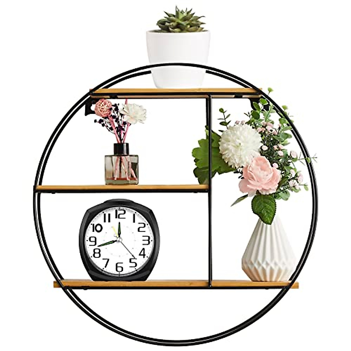 DEMSFIA Round Wall Floating Shelves, Circle Shelf 3 Tier Made from Metal and Bamboo, Decorative Wall Shelves, Super Easy Install, Black