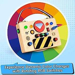 POLKRANE Montessori Toddler Busy Board Toy with LED Light - Wooden Sensory Toys with Switches for kids Gifts, Learning Toys for 1 2 3 4 Year Old Boys & Girls, baby fine motor skills toys & travel toys