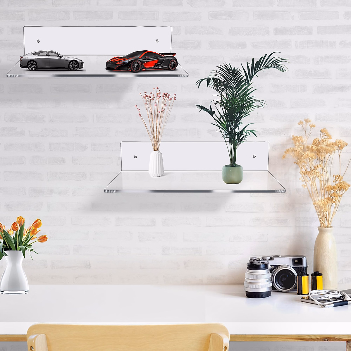 Jansburg 12 Inch L-Shaped Acrylic Floating Shelf Clear Wall Mounted Shelves Invisible 5MM Thick Shelf for Wall Storage Clear Shelves for Makeup Photo Picture Book Record Display 4 Pack