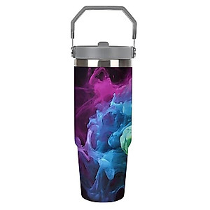 BWQJKUO Large Capacity Car Cup 30 Oz Stainless Steel Rainbow Smoke Printed Travel Mug Leak-proof Flip Straw Tumbler with Handle,keeps Cold Or Ho