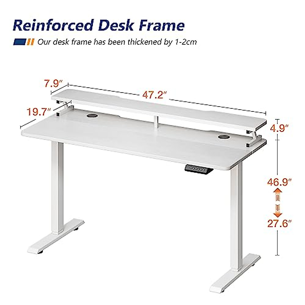 KKL Height Adjustable Electric Standing Desk with Monitor Shelf, 48 Inch Stand Up Table, Sit Stand Desk with 4 Memory Preset,Home Office Computer Workstation,Motorized Rising Desk,White