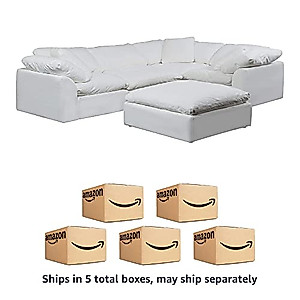Sunset Trading Contemporary Puff Collection 5PC Performance Fabric Washable Water-Resistant Stain-Proof White Slipcovered Modular L-Shaped Sectional Sofa with Ottoman, Deep-Seat Down-Fill Couch
