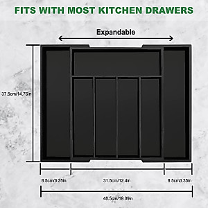 KMYC Silverware Utensil Organizer For Kitchen Drawers,Flatware Cutlery Collection Tray,Bamboo Kitchen Drawer Foldable And Expandable（Black）