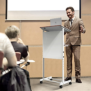 Bonnlo Mobile Stand Up Lectern Height Adjustable Podium with Wheels, Portable Heavy Duty Desk, Church Pulpit or Ceremony, Classroom Lecture Speech Teach Platform, Walnut Tabletop and White Steel Frame