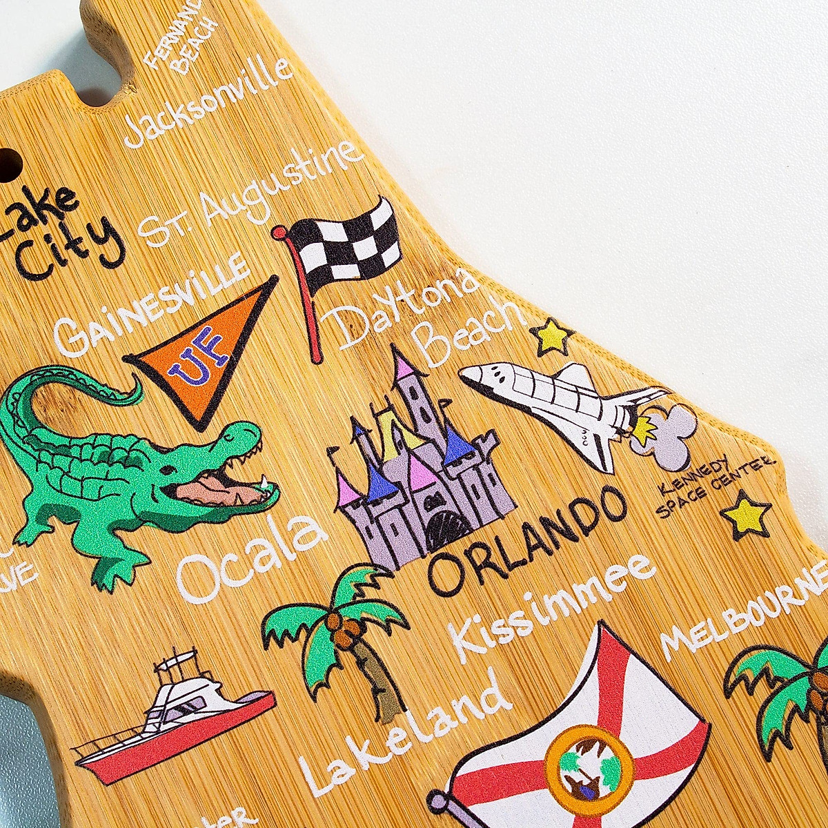 Totally Bamboo Florida State Shaped Cutting Board and Charcuterie Serving Platter with Artwork by Fish Kiss, Includes Hang Tie for Wall Display