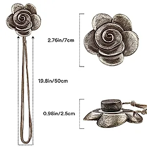 Magnetic Curtain Tiebacks, Aimou Resin Flower Curtain Ties, Vintage Curtain Drapery Holdbacks, Magnetic Window Drapery Decorative Holders with Rope for Outdoor, Home, and Office(4 Pack, Bronze)