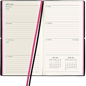 2024 Planner/Pocket Calendar 4"x7": 14 Months (Nov 2023 - Dec 2024) Weekly, Monthly Calendars, Leather Material, Elastic Closure, Decorative Stitching, Page Finder Ribbons and Notes Pages (Pink/Black)