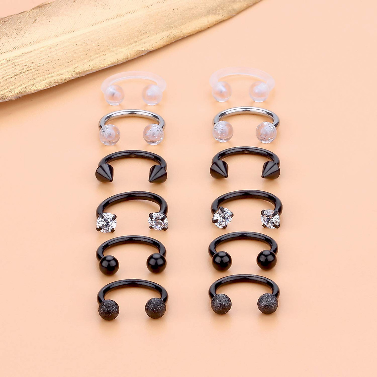 Hoeudjo Septum Hoop Nose Ring 16G Surgical Steel Circular Horseshoe Rings Piercing Jewelry with Cubic Zirconia Cartilage Helix Earring Barbell Retainer for Women Men 12 Pieces 8mm Black