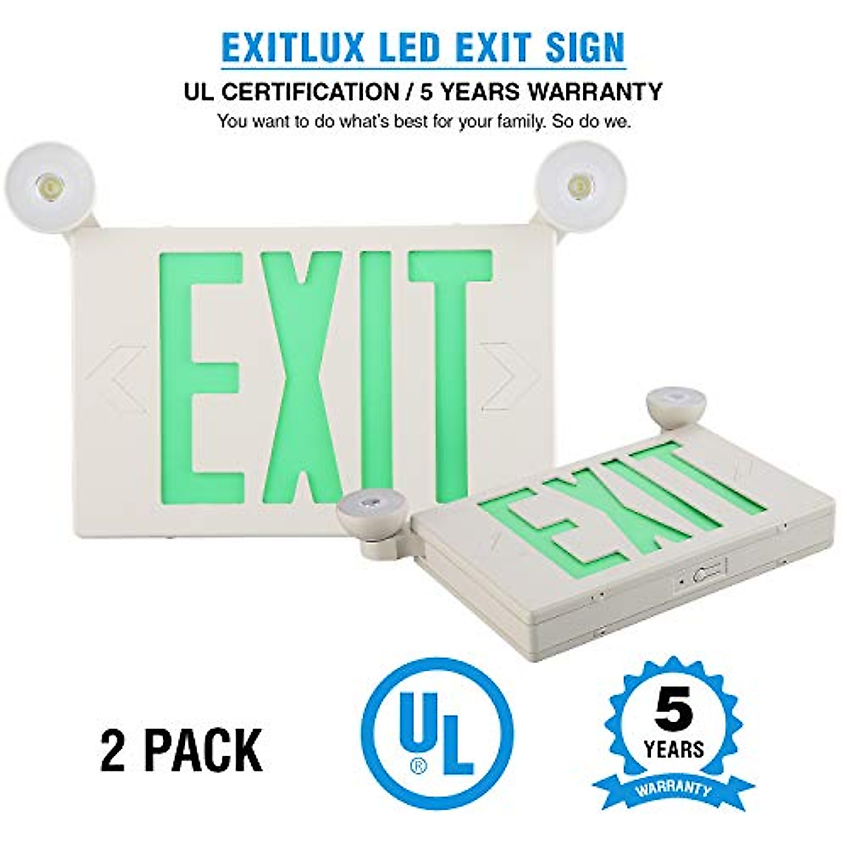 EXITLUX 2 Pack Green Led Exit Sign with Emergency Lighting Battery Backp -Two LED Adjustable Head -120V/277V-UL Listed-Exit Lighting -Dual LED Lamp ABS Fire Resistance for Power Failure.