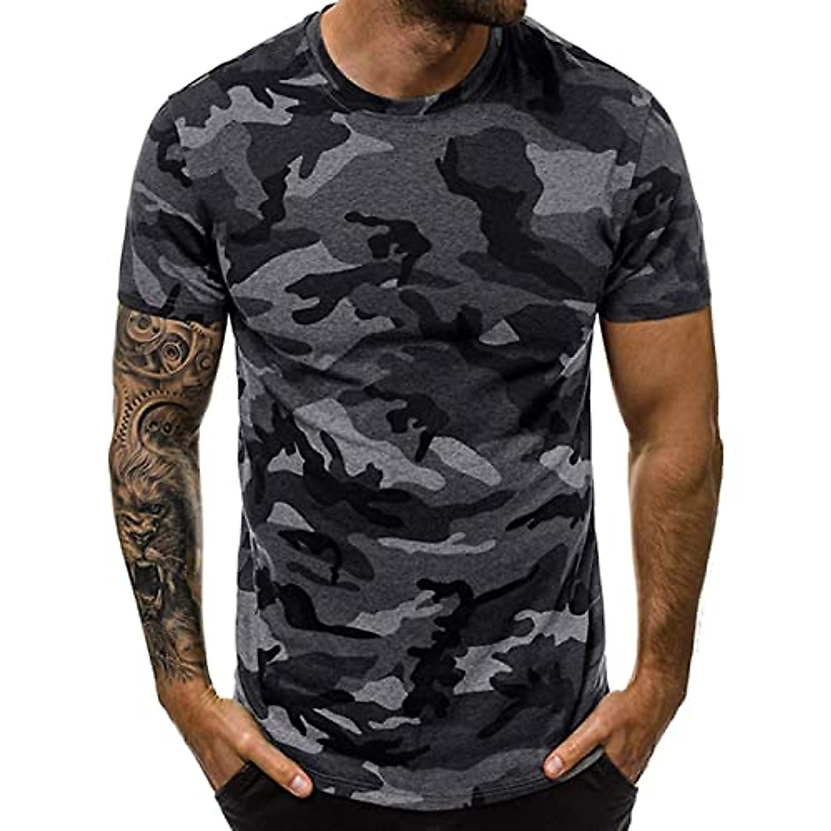 Maiyifu-GJ Men's Camo Casual Sports T-Shirt Colour Round Neck Camouflage Short Sleeve Regular Muscle Slim Fit Tees (Dark Grey,Small)