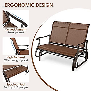 Tangkula Patio Glider Bench, 2-Person Outdoor Rocking Bench with High Back & Curved Armrests, Swing Glider Loveseat with Spacious Seat for Backyard, Balcony, Poolside, Porch (Brown)