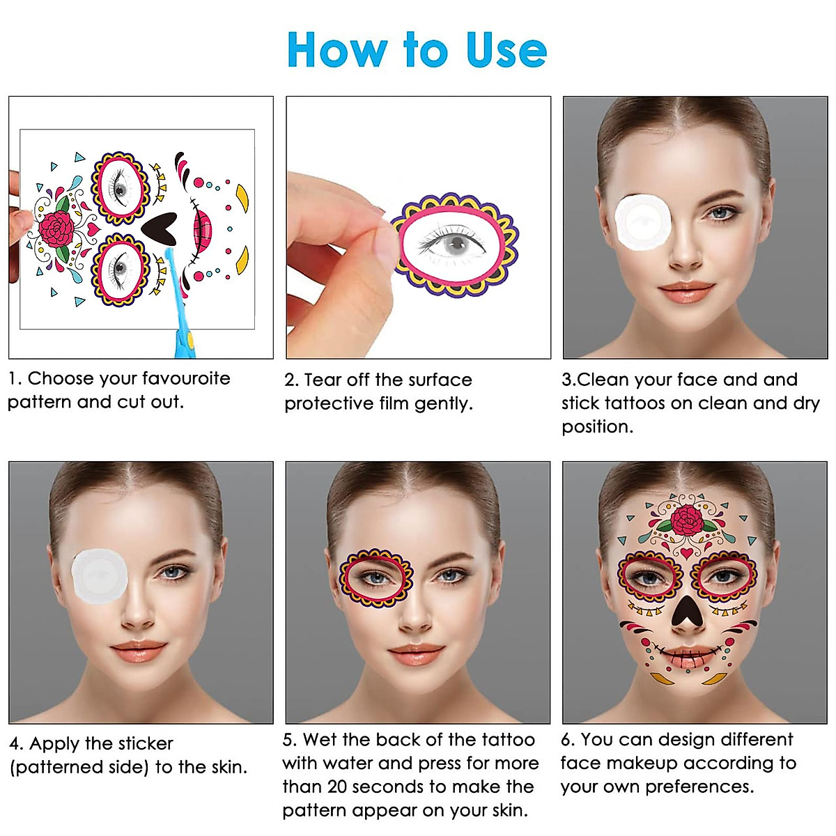 Temporary Face Tattoo, 8 Kits Tattoos Sugar Skull Stickers Day of The Dead Makeup, Face Tattoo Rose Design for Halloween, Masquerade and Parties