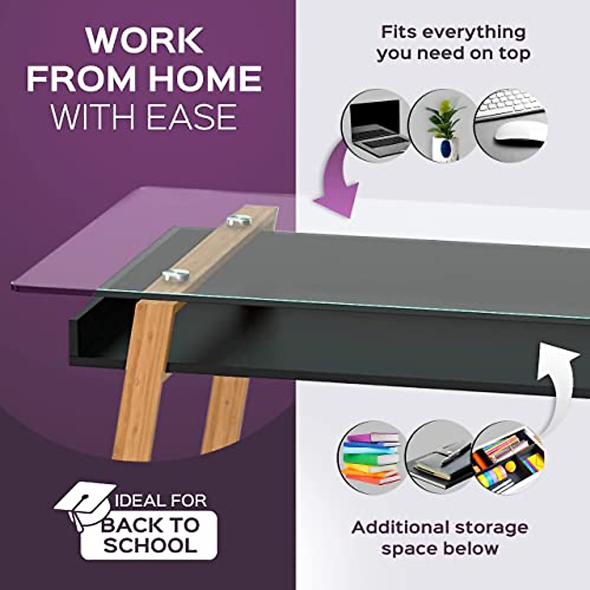 bonVIVO Massimo Small Desk - 43 Inch, Modern Computer Desk for Small Spaces, Living Room, Office and Bedroom - Study Table w/Glass Top and Shelf Space - White