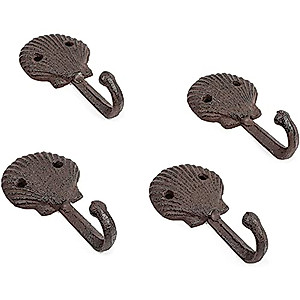 Cast Iron Seashell Wall Hooks for Beach House Decor ( 0.3 x 4 x 2.3 in, 4 Pack)