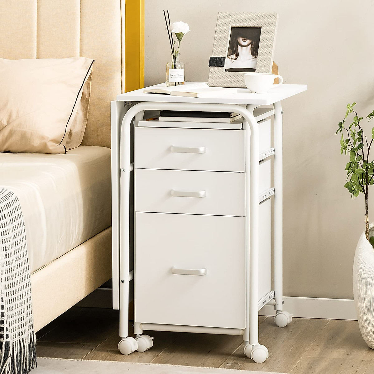 CHEFJOY Folding Computer Desk with 6 Wheels, 41.5" Modern Steel Collapsible Home Office Desk with 3 Storage Drawers, Portable Writing Laptop Desk for Bedroom, Study, Small Space, Home Office, White