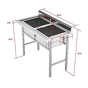 Bonnlo Commercial 304 Stainless Steel Sink 2 Compartment Free Standing Utility Sink for Garage, Restaurant, Kitchen, Laundry Room, Outdoor, 35.8" W x 21.3" D x 40" H