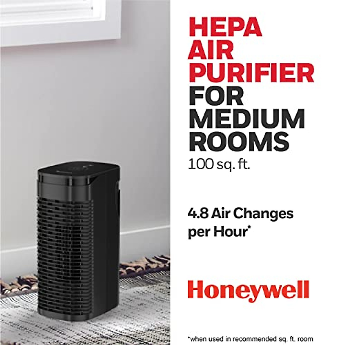 Honeywell HPA075B Allergen Plus Series Compact HEPA Air Purifier Tower, Allergen Reducer for Medium Rooms (100 sq ft), Black - Wildfire/Smoke, Pollen, Pet Dander & Dust Air Purifier