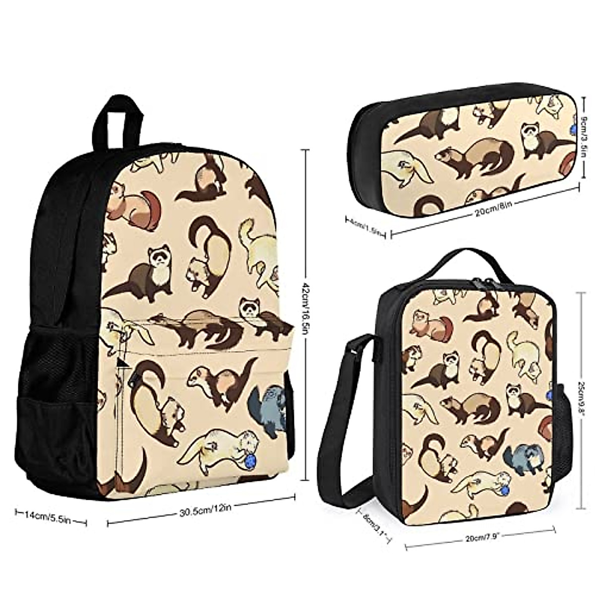 Supdreamc 3 Piece Rucksacks Hairy Ferret Art Camping Outdoor Backpack Sets - Large Capacity Multipurpose Carry On Bag+Lunch Bag+Pencil Case