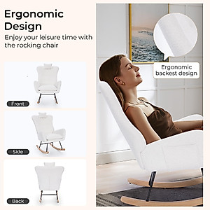 Unovivy Rocking Chair Nursery, Teddy Upholstered Nursing Armchair with Wood Base, Baby Glider Rocker with Headrest & Side Handy Cocket, Small Gliding Seat for Living Room, Bedroom, Office