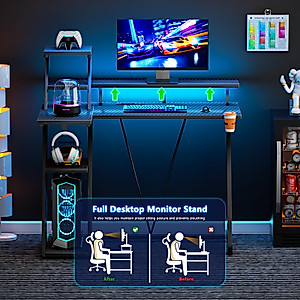 Reversible Corner Gaming Desk with LED Lights & Power Outlet, Computer Desk with Extra Storage Shelves, Small L Shaped Gamer Workstations with Monitor Stand for Bedroom, 39 Inch, Carbon Fiber Black