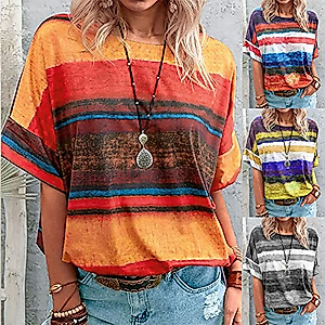 wodceeke Women's Striped Stitching T-Shirt Short-Sleeved Round Neck Tie-Dye Tee Casual Loose Top (Gray, XL)