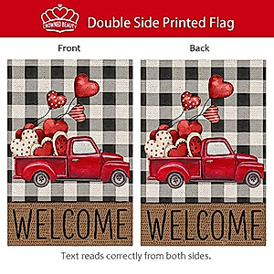 CROWNED BEAUTY Happy Valentines Day Garden Flag 12×18 Inch Double Sided for Outside Red Truck Heart Buffalo Check Welcome Vertical Farmhouse Rustic Seasonal Holiday Yard Decoration CF344