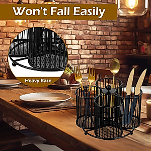 Metal Utensil Caddy 360 Degree Rotating Cutlery Holder 4 Compartment Flatware Storage Basket Portable Multipurpose Countertop Silverware Organizer for Kitchen Picnic Camping Outdoor(16*16*14cm,black)