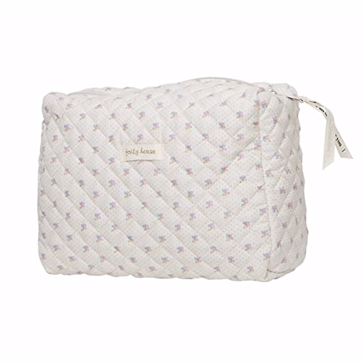 TYFLOVE Kawaii Cotton Makeup Bag Large Travel Cosmetic Bag Aesthetic Floral Makeup Pouch Coquette Quilted Toiletry Bag for Women (B-Beige Floral)