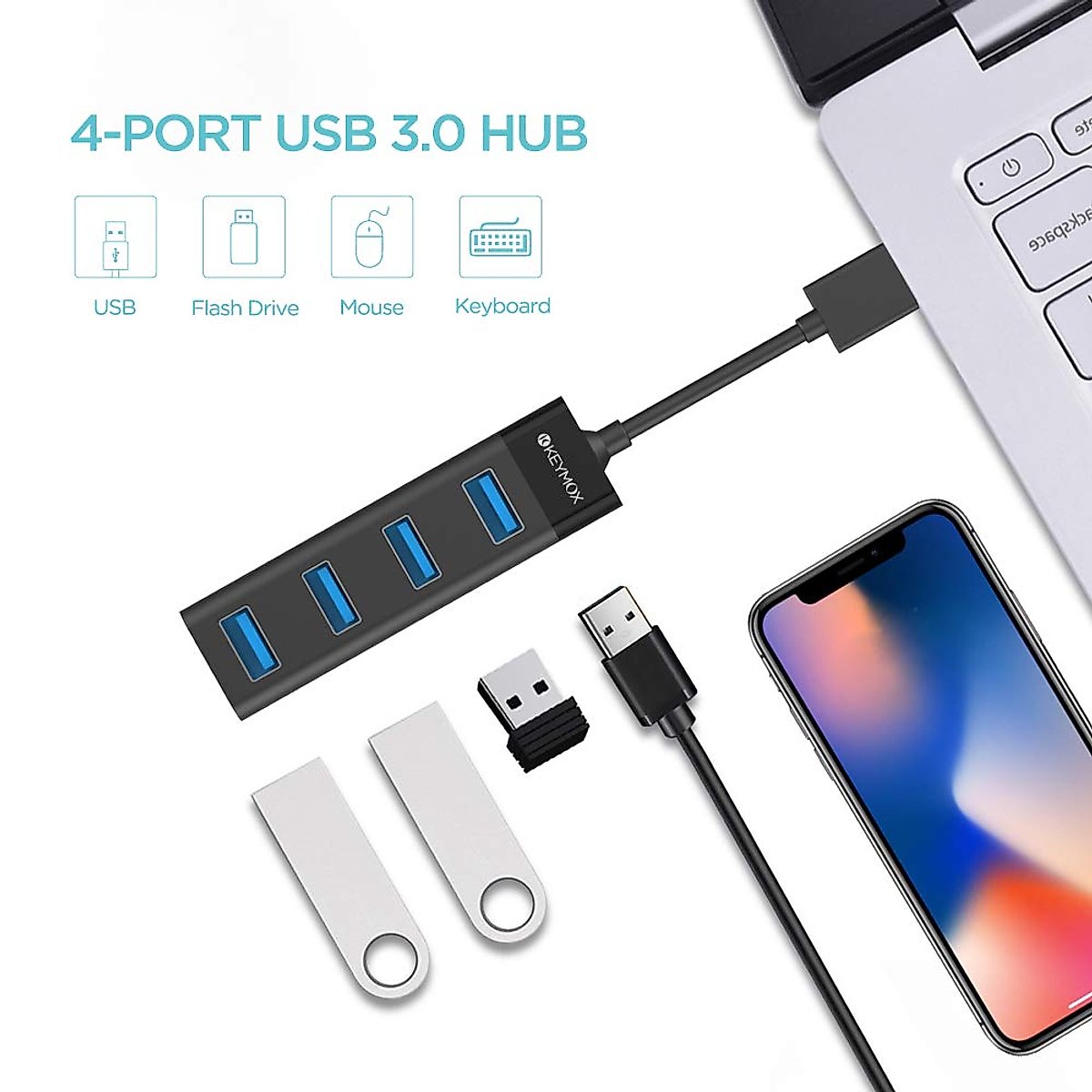 4-Port USB 3.0 Hub, KEYMOX Compact Size Data USB Hub for MacBook, Mac Pro, Mac Mini, iMac, Surface Pro, XPS, PC, Flash Drive, Mobile HDD (Charging Not Supported)