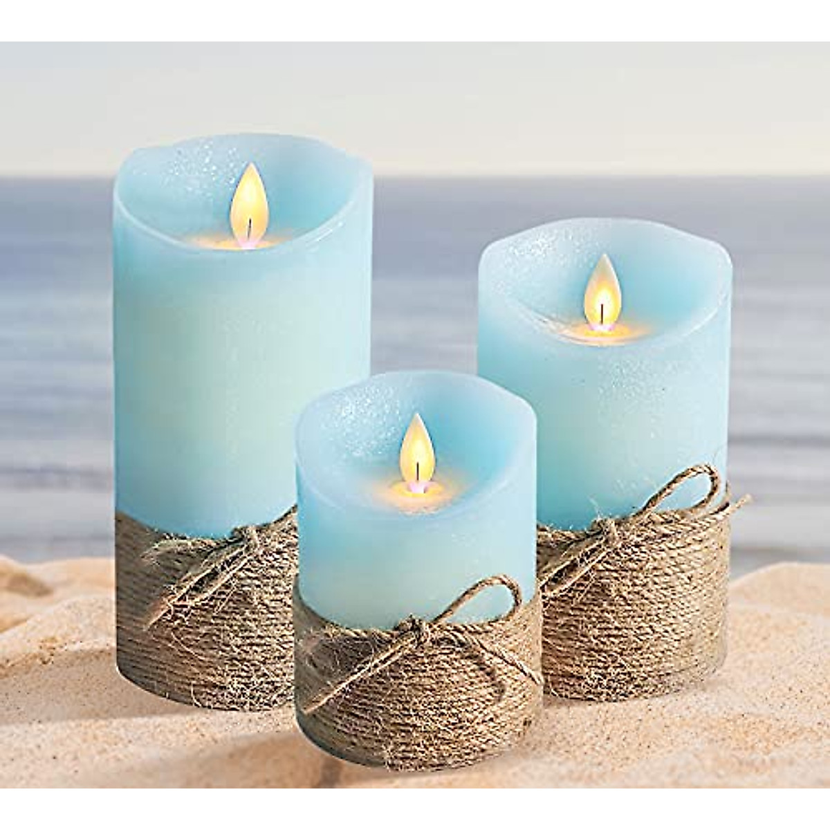 Petristrike Ocean Blue Flameless Candles, Nautical Themed Led Pillar Candles with Remote & Timer, Decorative Flickering Candles for Gifts, Party, Wedding, Home Decorations - Set of 3