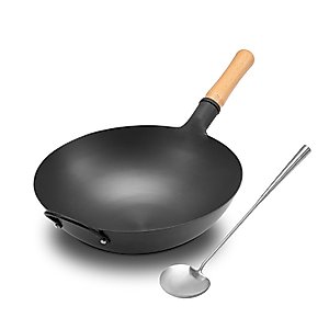 WANGYUANJI Iron Wok, 14.17’’ Traditional Round-Bottom Wok, Chef’s Professional Stir-Fry Pan with Wooden Handle, Chemical-Free Iron Wok for Gas Stoves and Round-Bottom Induction Stovetop