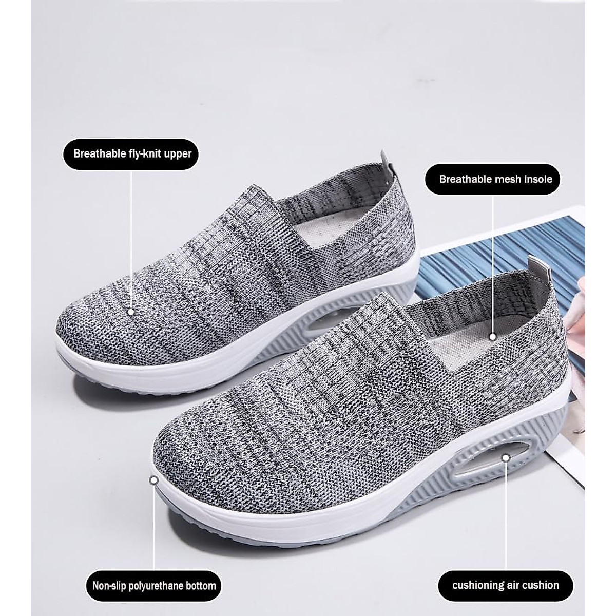 Women Mesh Air Cushion Orthopedic Diabetic Walking Shoes Slip-on Platform Sneakers Breathable Lightweight with Arch Support Wedge Rocker Shoes (Dark Gray,7,Women,7)