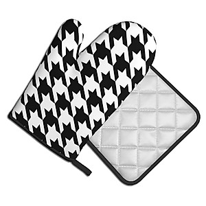 Houndstooth Black Print Oven Mitts and Pot Holders Sets,Non-Slip Heat Resistant Oven Mitts for Home Cooking, Baking,BBQ,Grilling,Holders for Kitchen