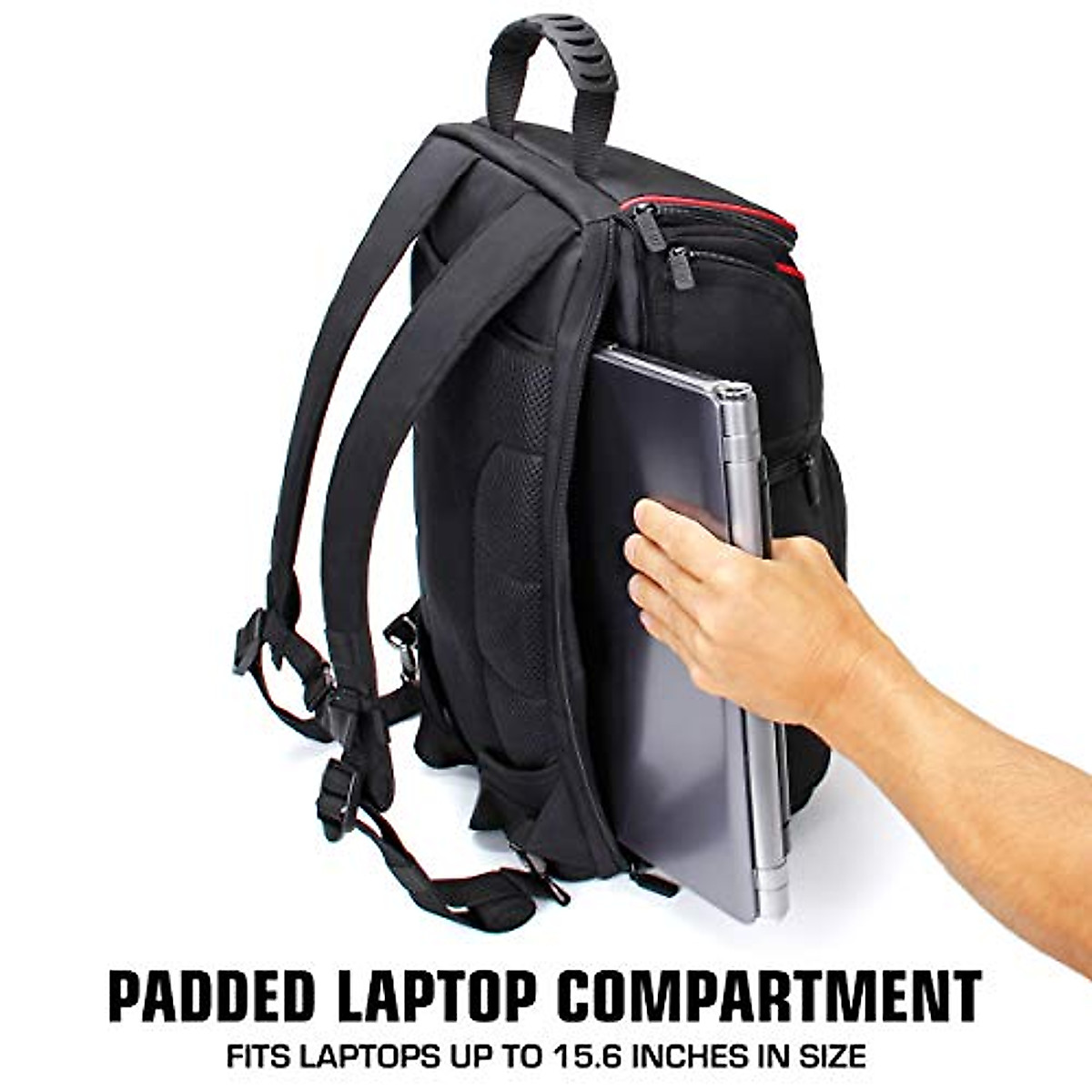 USA GEAR DSLR Camera Backpack Case - 15.6 inch Laptop Compartment, Padded Custom Dividers, Tripod Holder, Rain Cover, Long-Lasting Durability and Storage Pockets - Compatible with Many DSLRs (Red)