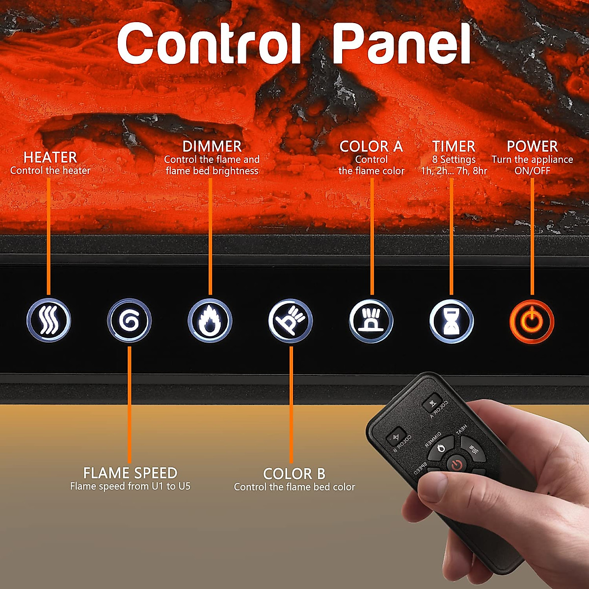 ZAFRO Electric Fireplace Stove, Electric Fireplace Heater with Adjustable Brightness, Indoor Fireplace with Realistic Flame Effects, Space Fireplace with Overheating Protection, 2 Heating Modes, Black