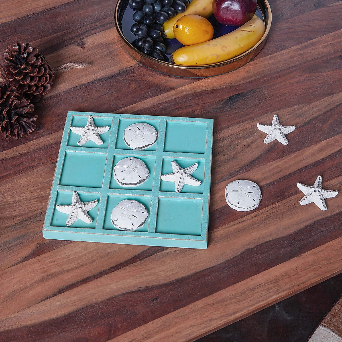 NIKKY HOME Beach Tic Tac Toe for Fun Starfish Sand Dollar Coastal House Coffee Table Decor Wood Board Travel Game, 8.98 x 8.98 x 1.18 inch, Teal