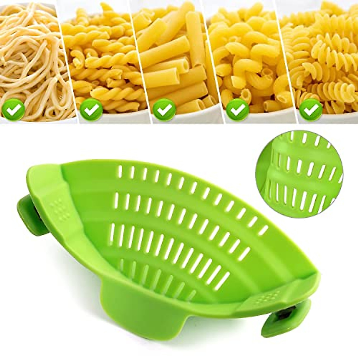 Upgraded Clip on Pot Strainer Silicone Colander Hands-free Drainer Kitchen Gadgets, Heat Resistant for Pasta Spaghetti Meat Grease Fits Pots Pans Bowls, Green