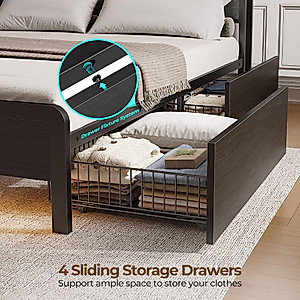 Rolanstar Bed Frame Queen Size with Charging Station and LED Lights, Upholstered Storage Headboard with Drawers, Heavy Duty Metal Slats, No Box Spring Needed, Noise Free, Easy Assembly, Dark Grey