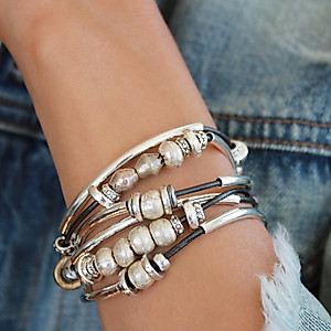 Lizzy James Bella Wrap Bracelet Necklace for Women in Silver and Metallic Gunmetal Gray Leather (LARGE)