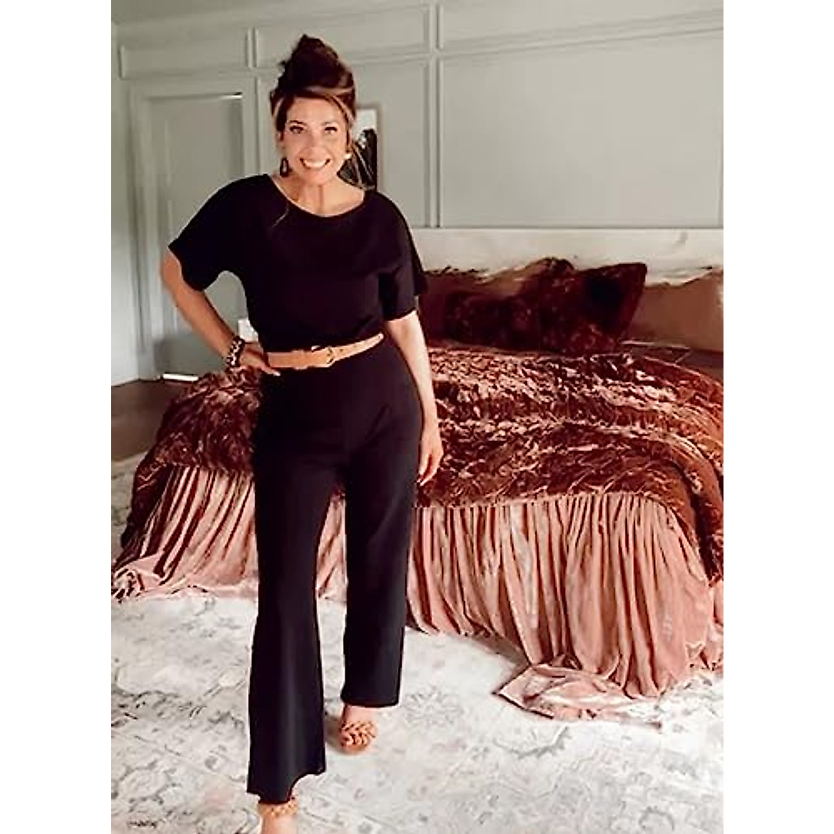 Happy Sailed Women Casual Loose Short Sleeve Belted Wide Leg Pant Romper Jumpsuits Medium Black