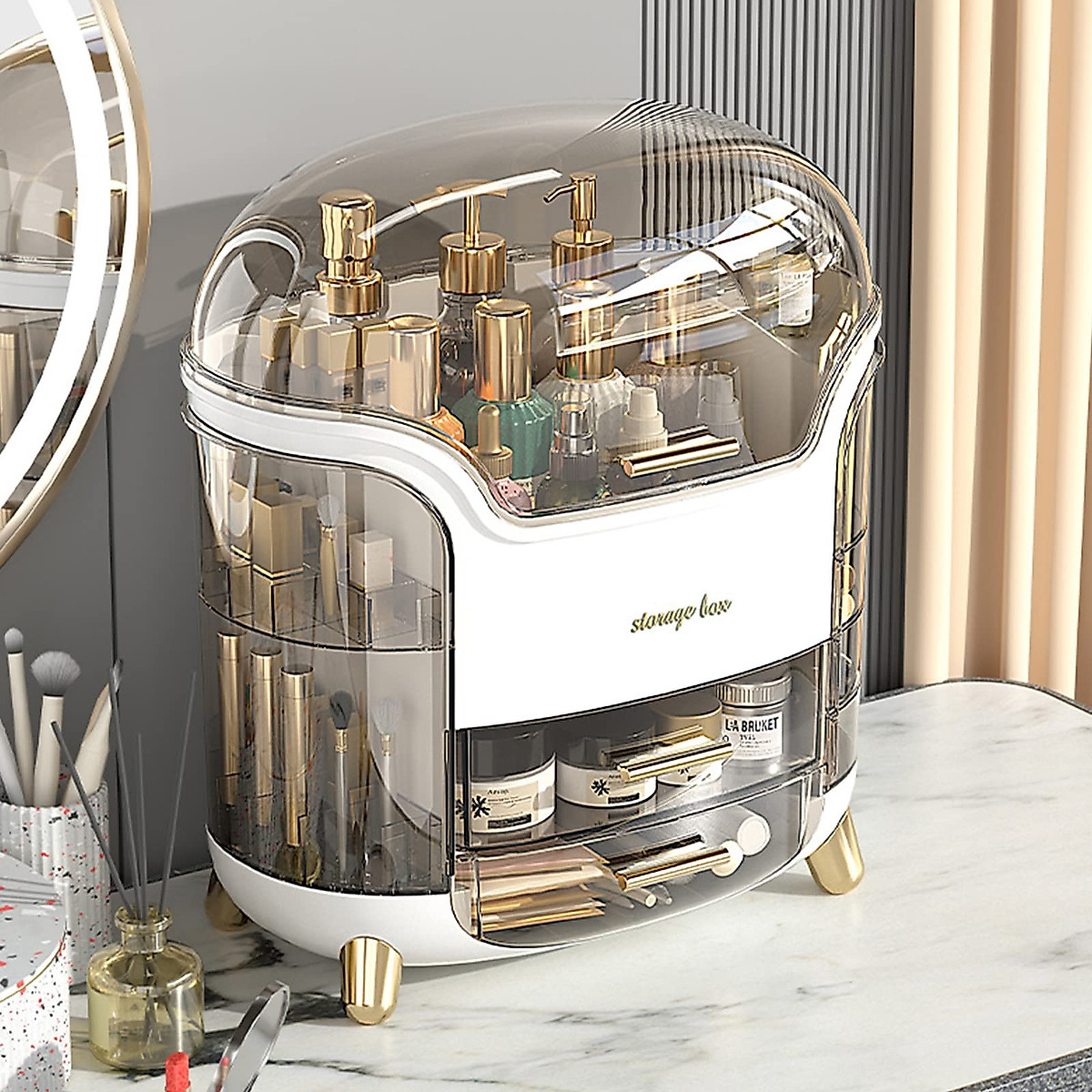 Ergocar Portable Light Luxury Series Multi-Function Make Up Case Dustproof Cosmetic Storage, Skin Care Products Jewelry Organizer Lipstick Box - White