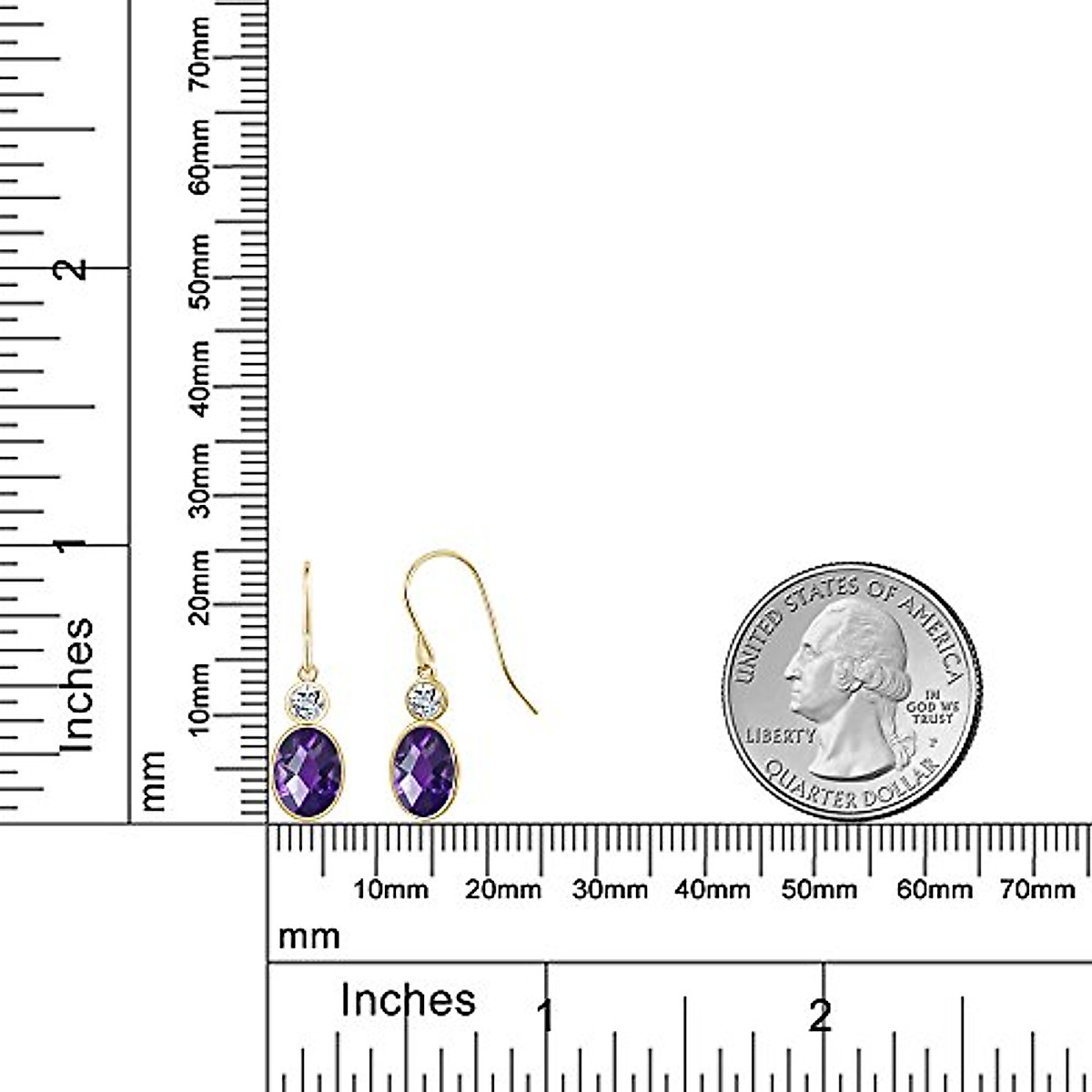 Gem Stone King 14K Yellow Gold Purple Amethyst and White Topaz Hook French Fish Ear Wire Dangle Earrings For Women (1.78 Cttw, Gemstone February Birthstone, Oval Checkerboard 7X5MM, Round 3MM)