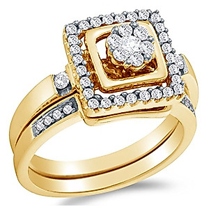 Size 6.75 - 14K Yellow Gold Round Diamond Halo Circle Bridal Engagement Ring & Matching Wedding Band Two Piece Set - Invisible & Channel Set Flower Center Setting Shape - Curved Notched Band (1/2 cttw.)